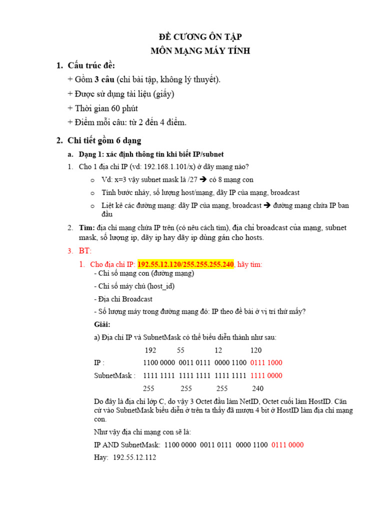 Đề cương ôn tập MMT-THI KET THUC HP | PDF