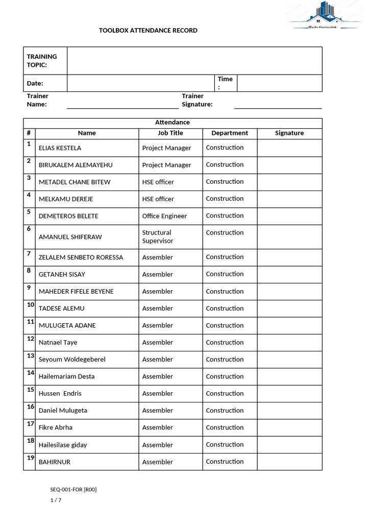 BRUBA TOOLBOX Attendance Record | PDF