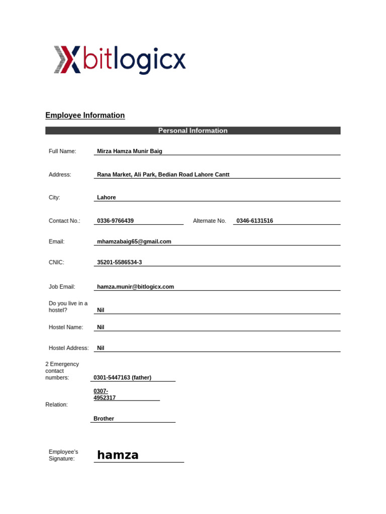 Employee Personal Information Form | PDF