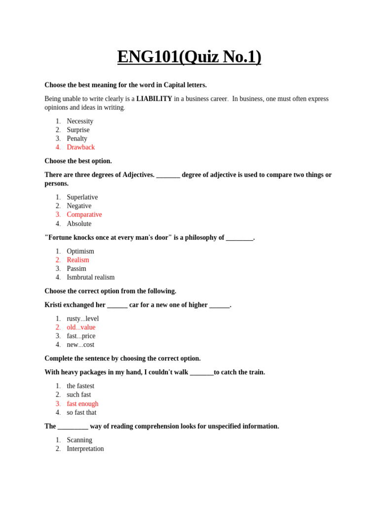 ENG101 Quiz: Vocabulary and Grammar | PDF