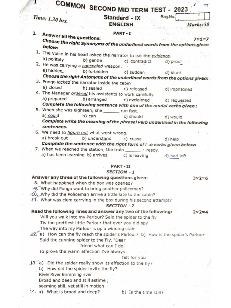 9th English 2nd Mid Term Exam Question Paper Tuticorin District PDF ...