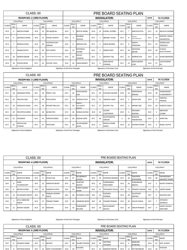 Class XII Pre-Board Seating Plan | PDF