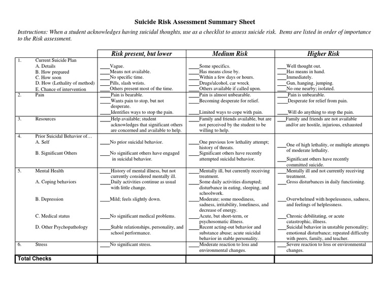 Suicide Risk Assessment Summary.08 | Suicide | Mental Disorder