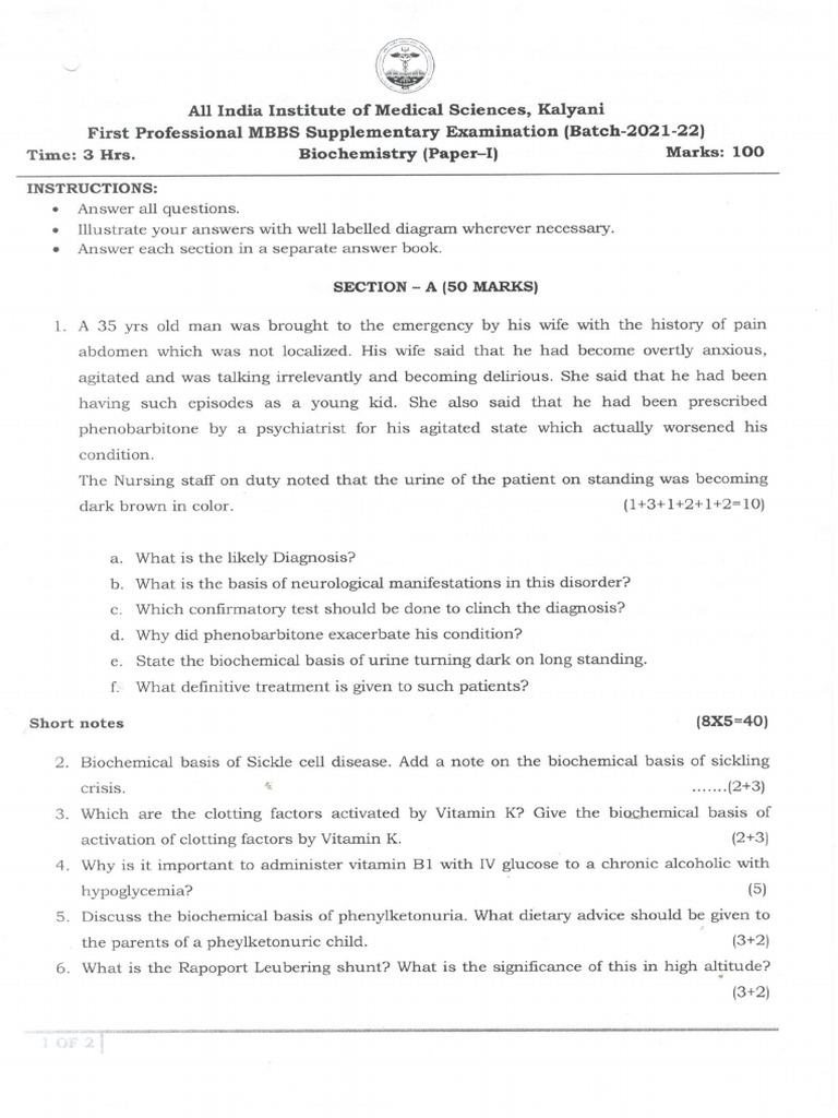 1st MBBS PROF Supply Biochemistry Paper 1 2020 21 | PDF