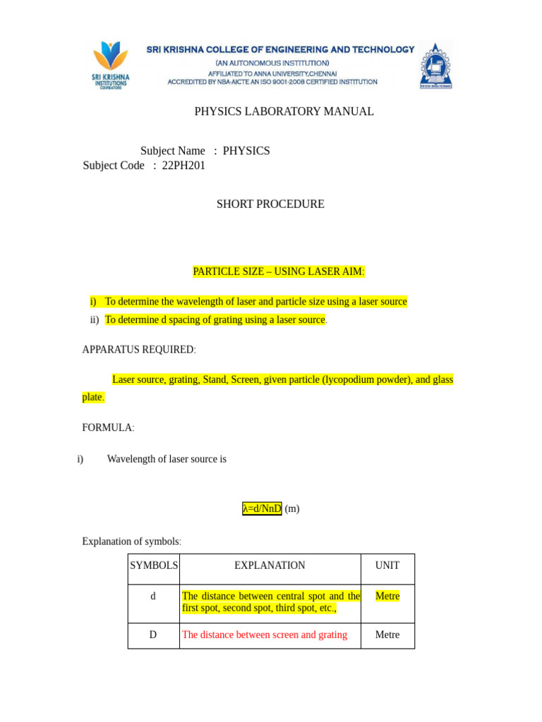 Physics Laboratory Manual Physics Cse It Short Procedure[1] Pdf
