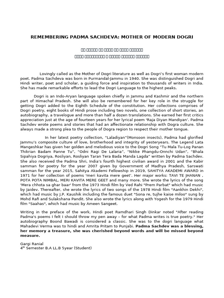 REMEMBERING PADMA SACHDEVA (1) | PDF | Languages Of India