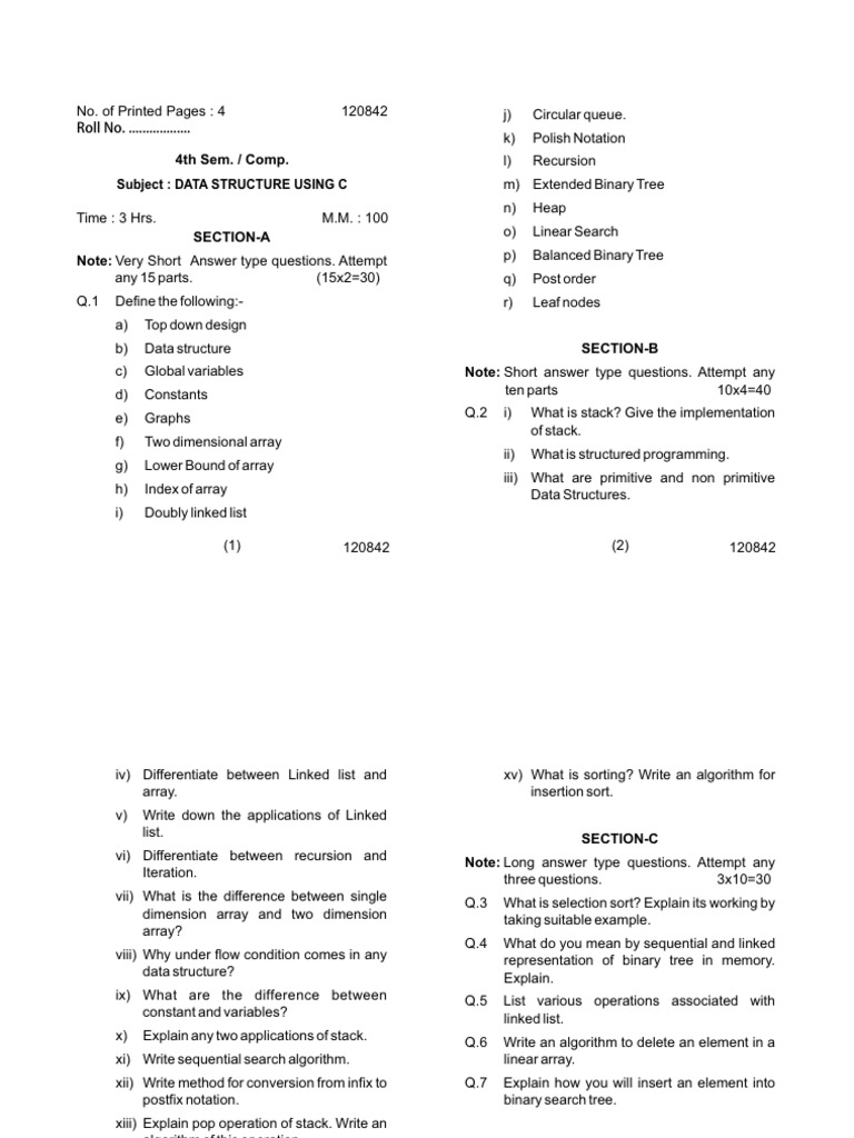 Computer 4 Sem Data Structure Using C 120842 Dec 2018 Pdf Applied 1003