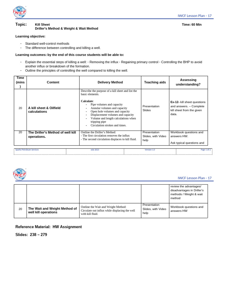 L2 Kill Sheet-Weight N Wait and Drillers Method-JULY2023 | PDF
