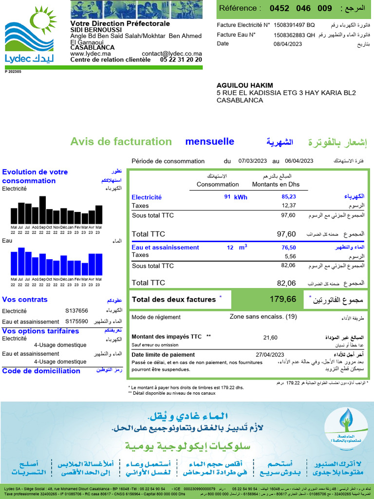 Factures d'électricité et d'eau Lydec | PDF | Taxe sur la valeur ...
