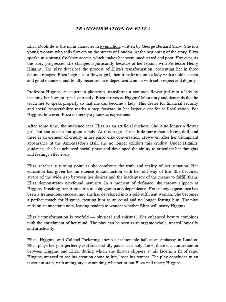 Transformation of Eliza | PDF | Pygmalion (Play)