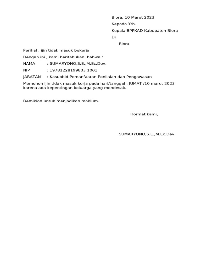 Izin Kerja Sumaryono di BPPKAD | PDF