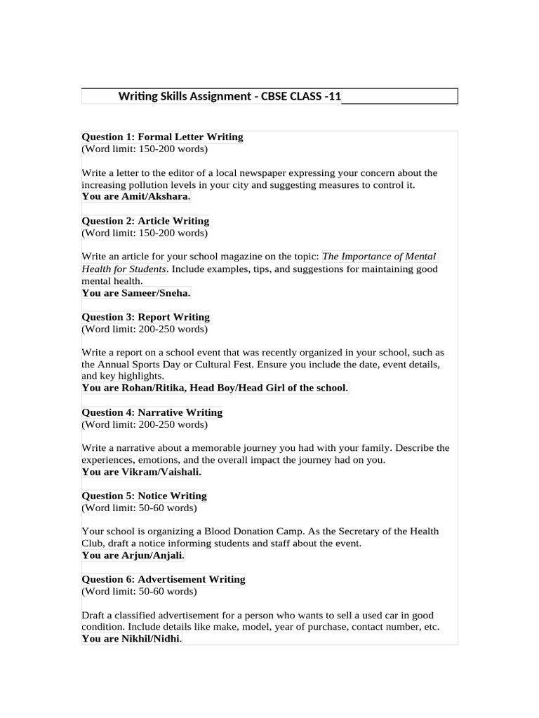 Writing Skills Assignment. Class-11 For Cbse. | PDF