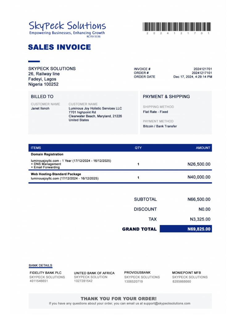 Skypeck-Luminousjoyllc Invoice | PDF