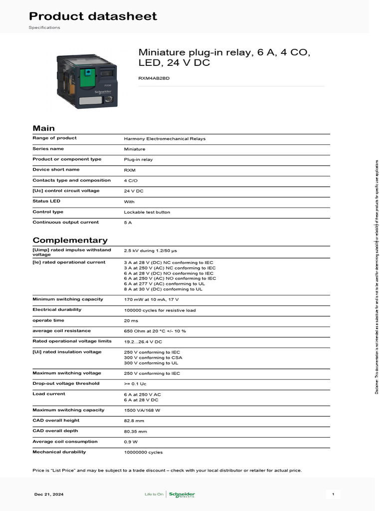 Schneider Electric Zelio-Relays RXM4AB2BD | PDF | Relay | Electronics
