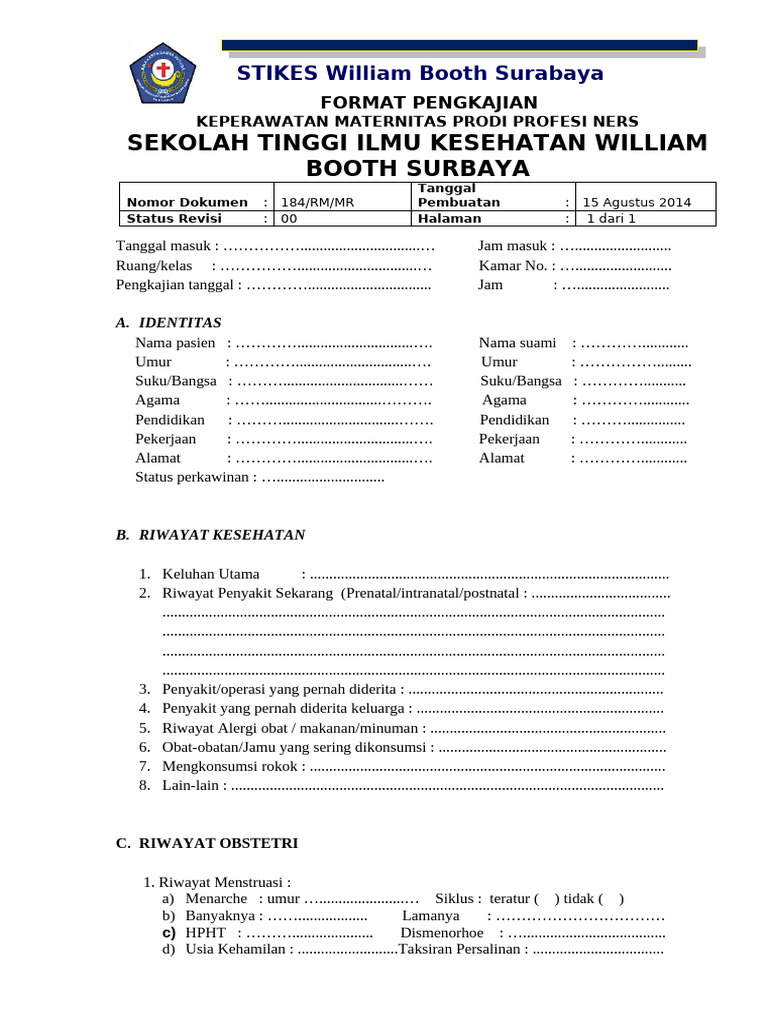 RM 184 Format Pengkajian Keperawatan Maternitas Prodi Ners | PDF