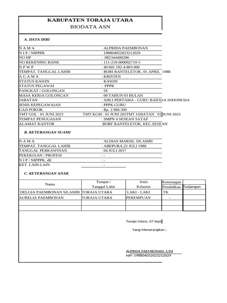 Biodata ASN Alprida Paembonan | PDF