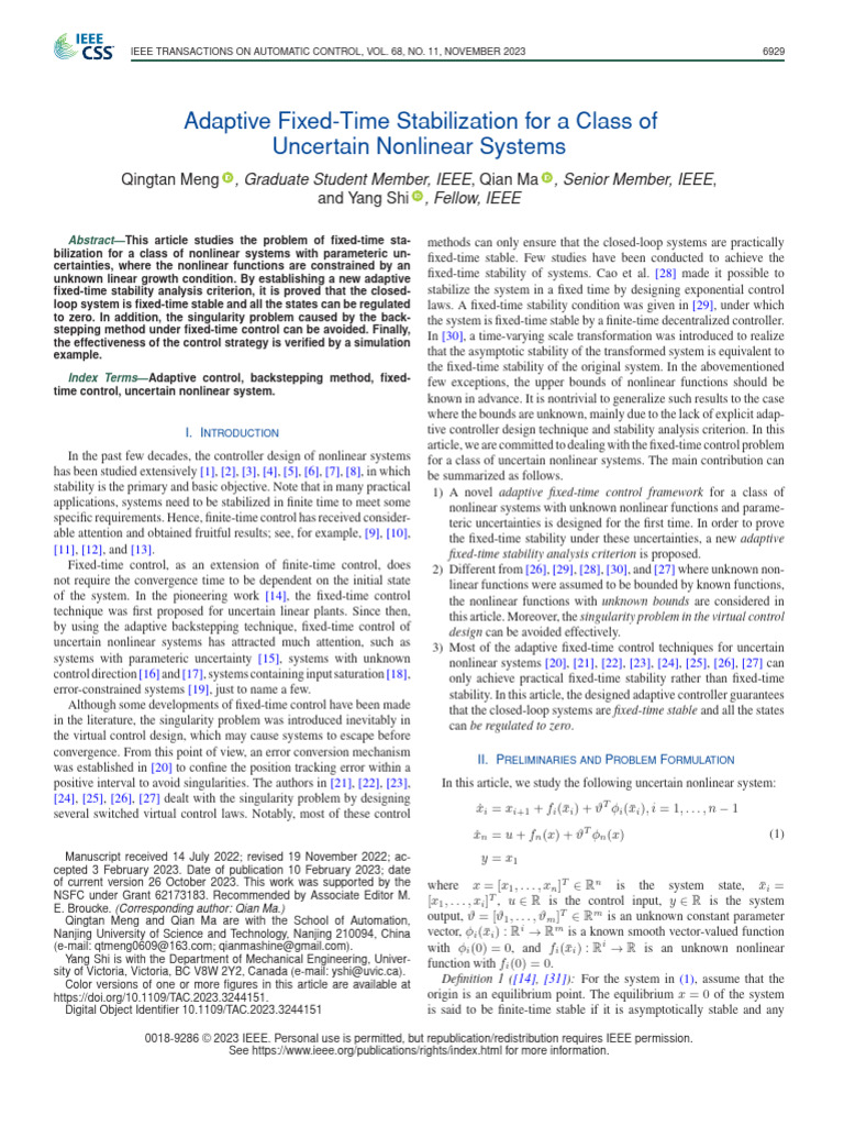 Adaptive Fixed-Time Stabilization For A Class of Uncertain Nonlinear Systems | PDF | Nonlinear ...