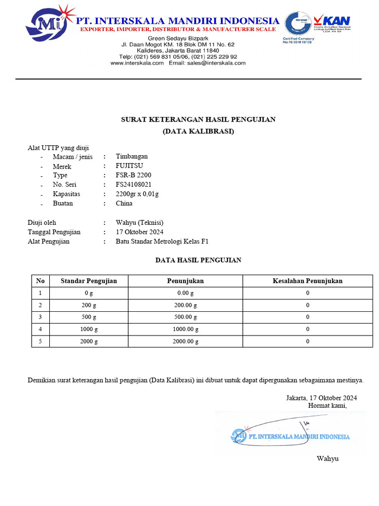 Sertifikat Kalibrasi Timbangan FUJITSU | PDF