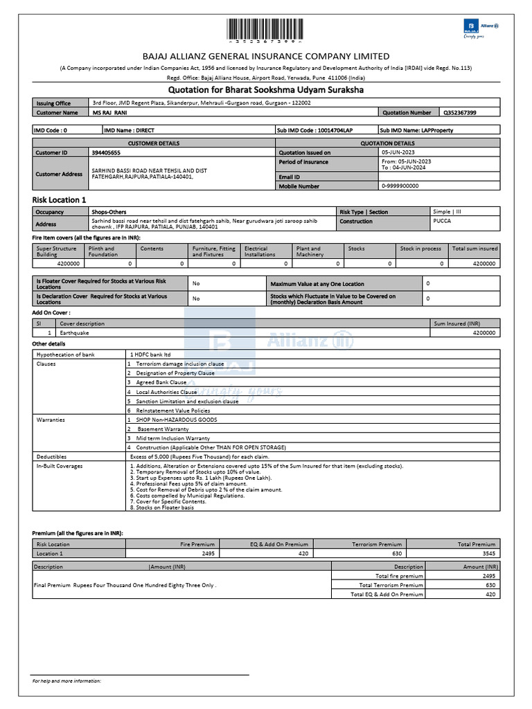 Fire Quote Slip PDF | PDF | Insurance | Business Law