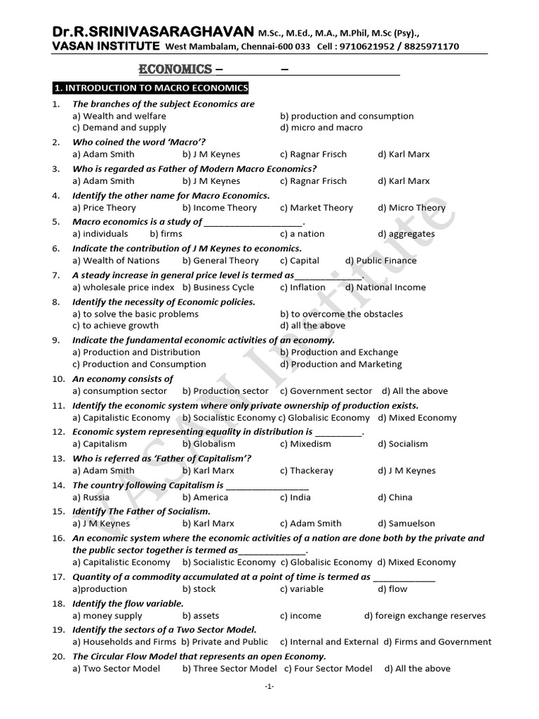 12th Economics Book Back 1 Mark Questions With Answer Key English ...