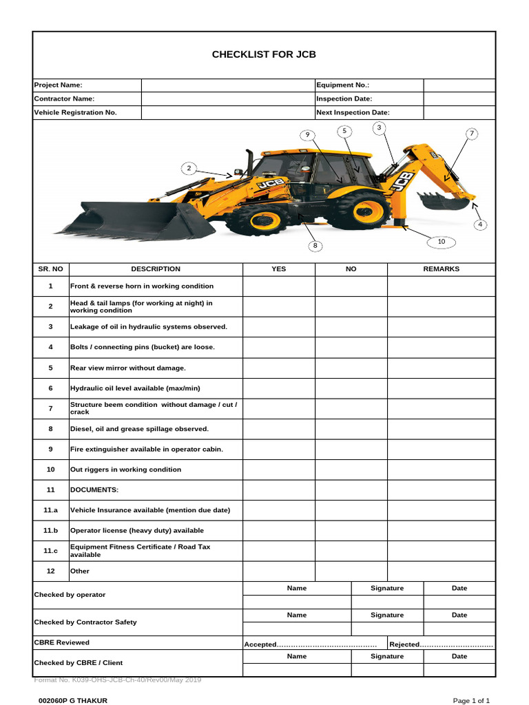 K039 Pic Checklist for JCB | PDF | Land Vehicles | Transport