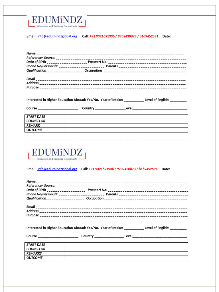 Visitors Enquiry Form Edumindz Sample | PDF