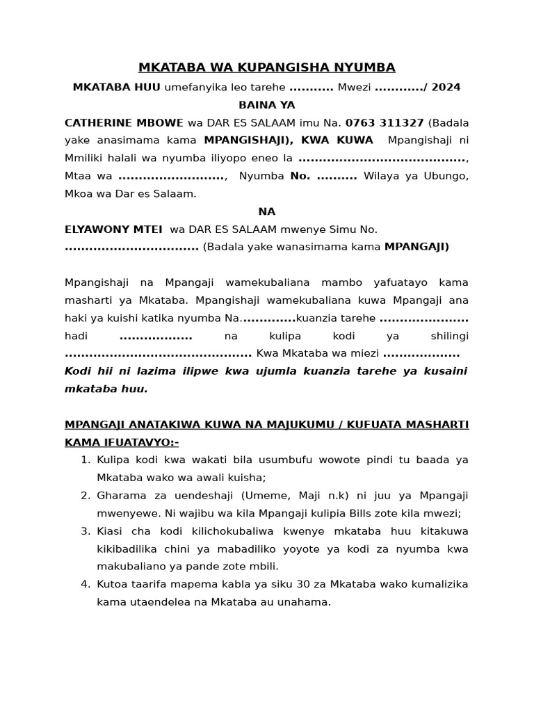 MKATABA WA KUPANGISHA NYUMBA - Sample | PDF