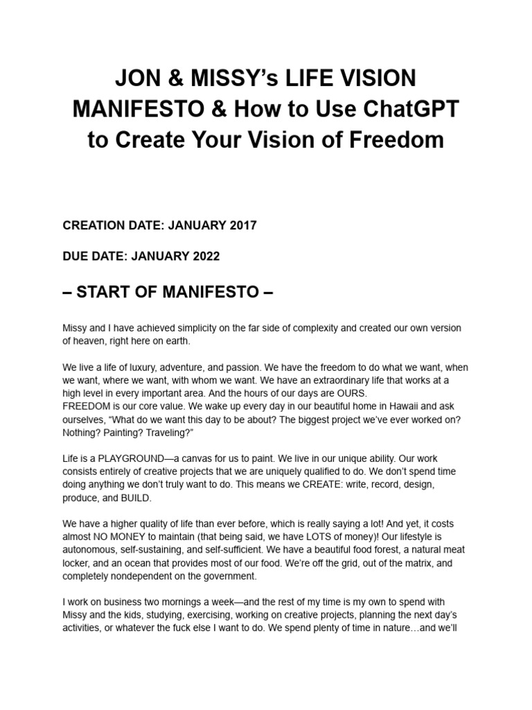 01 JON and MISSY S LIFE VISION MANIFESTO and How To Use ChatGPT | PDF ...