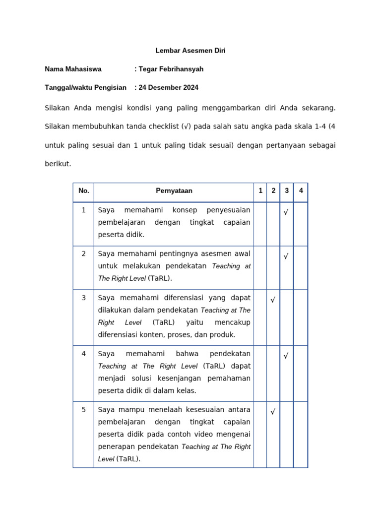 Lembar Asesmen Diri_Tegar Febrihansyah | PDF