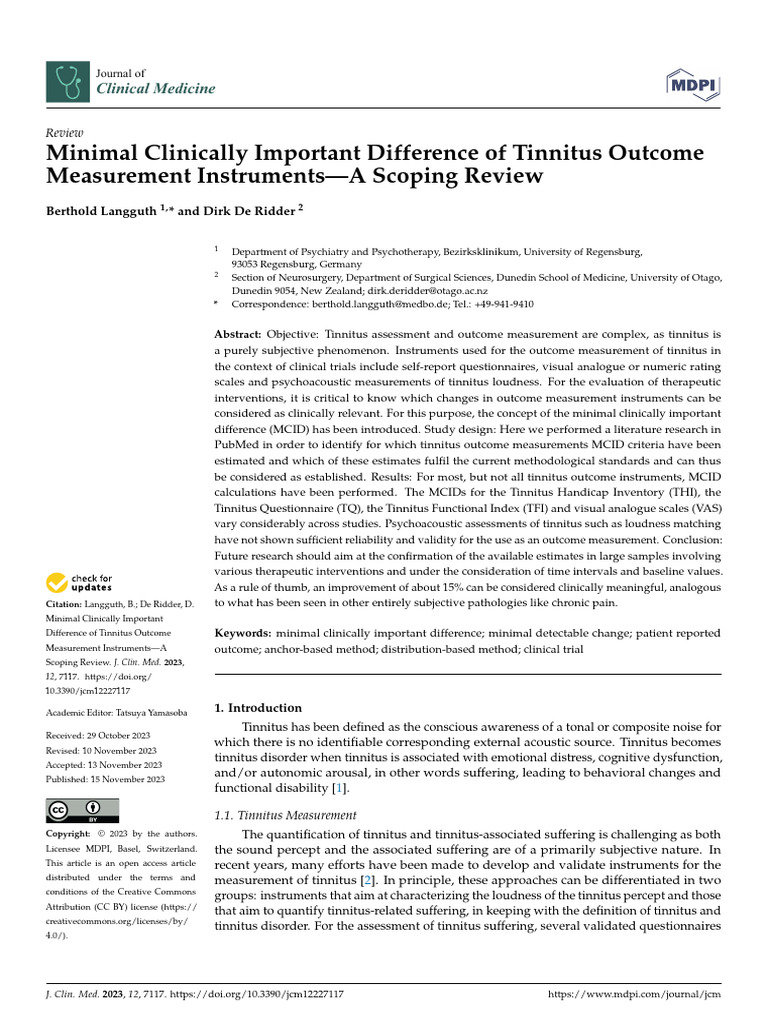 Minimal Clinically Important Difference of Tinnitus Outcome Measurement ...