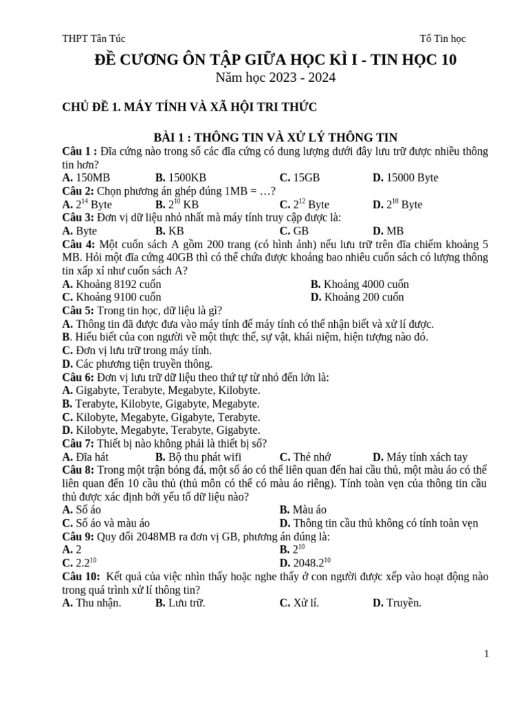 [KHOI 10] DE CUONG GIUA HKI (trang) | PDF