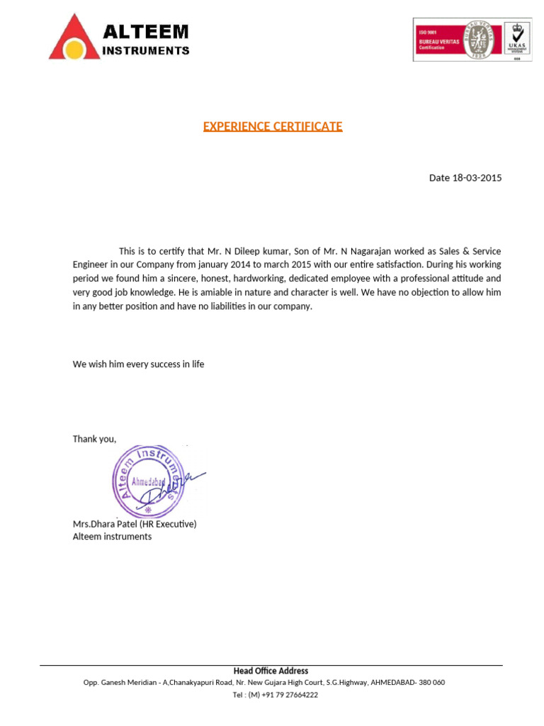 Experience Certificate for N Dileep Kumar | PDF