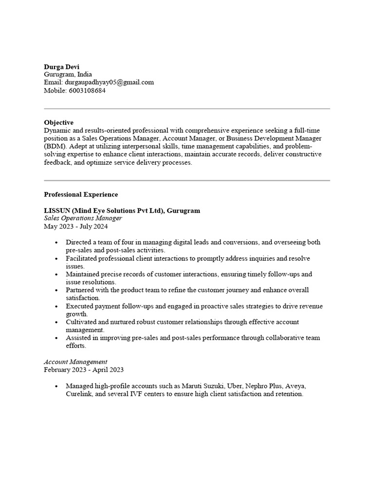 Durga D Resume | PDF | Sales | Customer Experience