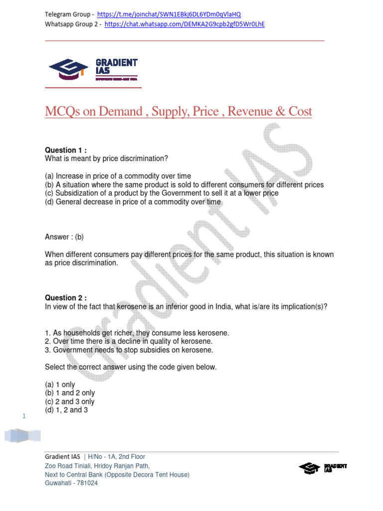 MCQs Demand, Supply, Price, Revenue and Cost | PDF | Average Cost | Demand