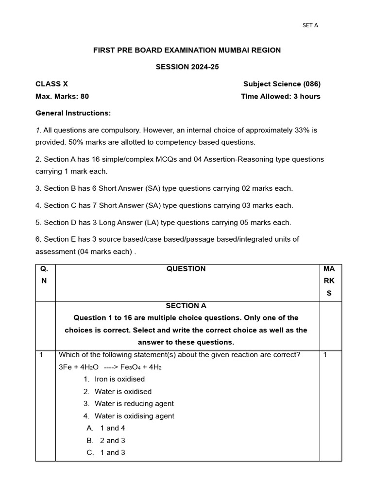 Class X Pb1 Sci QP Set A | PDF | Physical Chemistry | Chemical Substances
