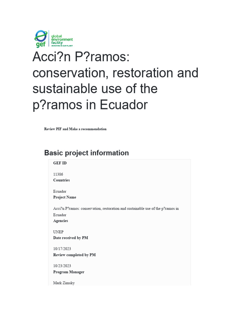 ReviewSheet PIF | PDF | Global Environment Facility | Risk