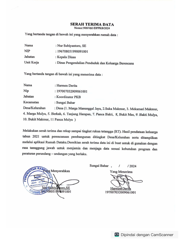 Serah Terima Data Sg. Bahar | PDF