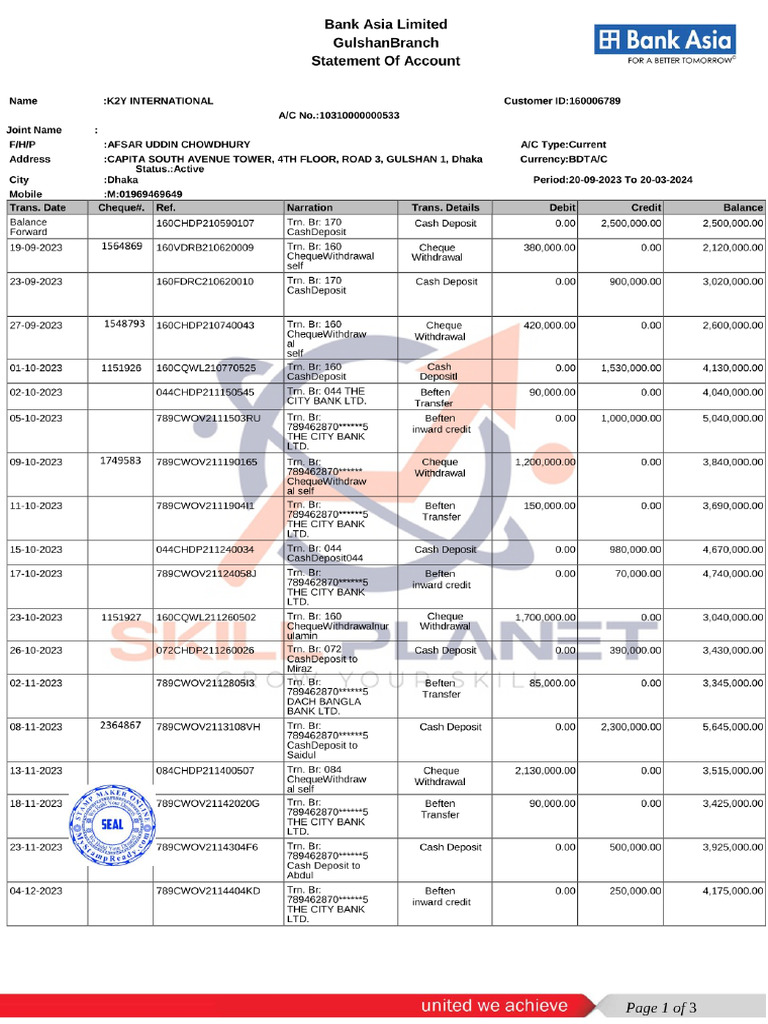 Afsar Uddin Bank Statement For Thailand Singapore Malaysia | PDF