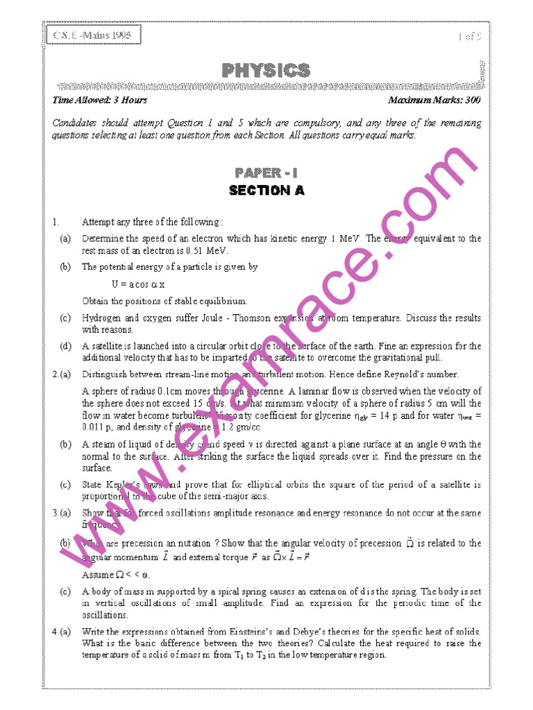 IAS-Mains-Physics-1995 | PDF | Electron | Electronvolt