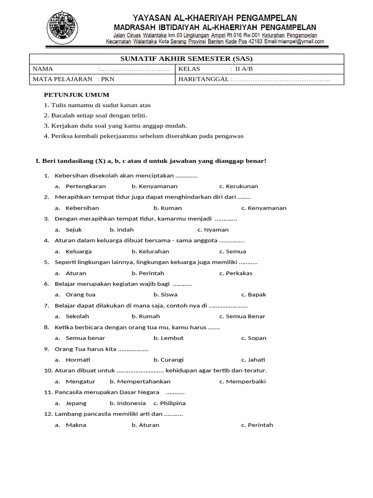 SOAL SAS GANJIL PKN kelas 2 des 2024 | PDF