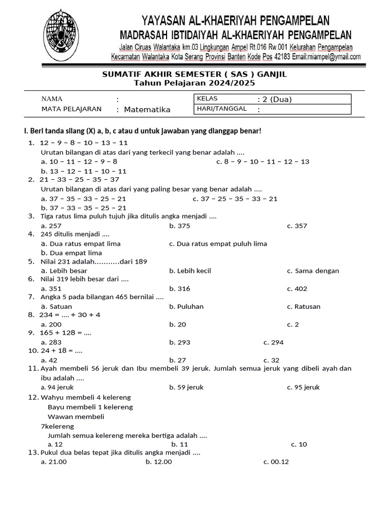 SOAL SAS GANJIL MTK kelas 2 des 2024 | PDF