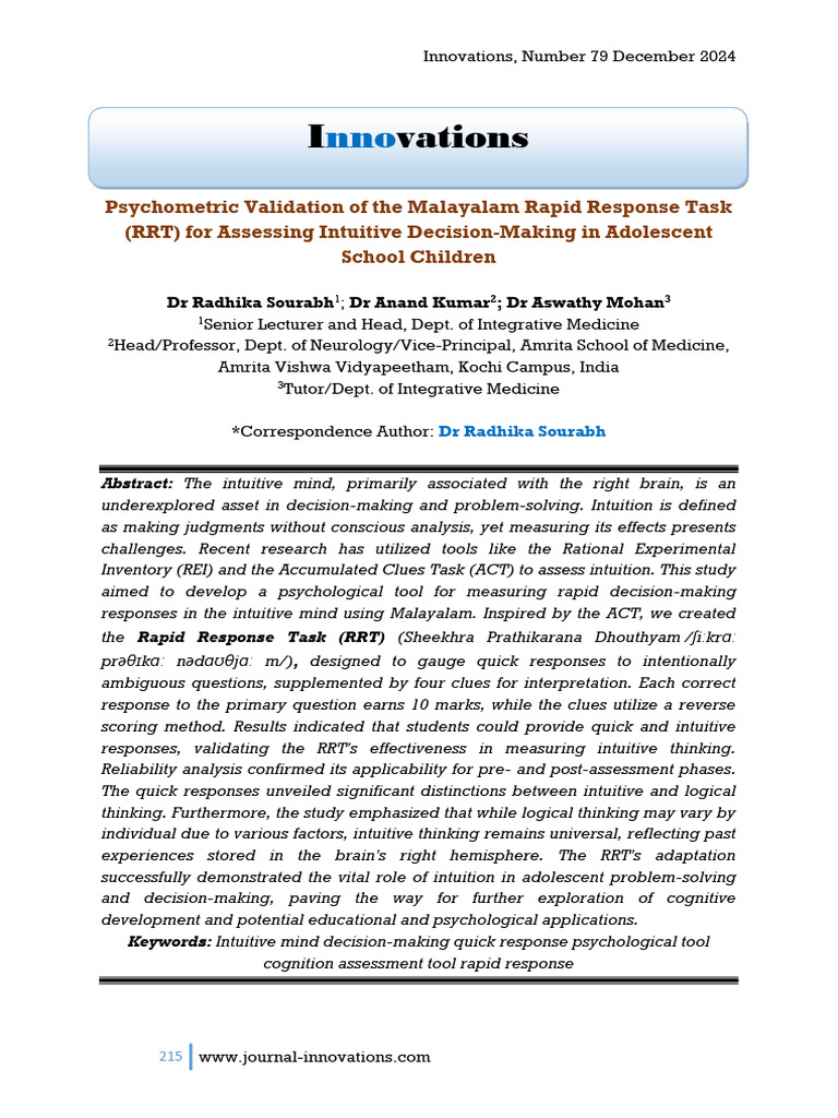 Psychometric Evaluation of Malayalam Rapid Response Task (RRT) Foe Measuring Intuitive Decision ...