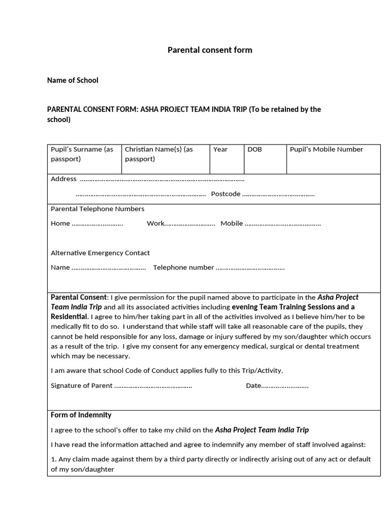 Parental-consent-form | PDF | Indemnity | Consent