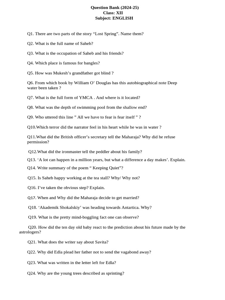 Question Bank Class XII English (2024-25) | PDF
