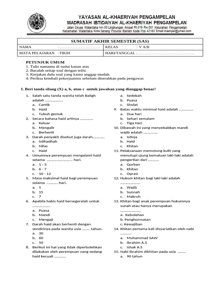 SOAL SAS FIKIH Kelas 5 Desember 2024. | PDF