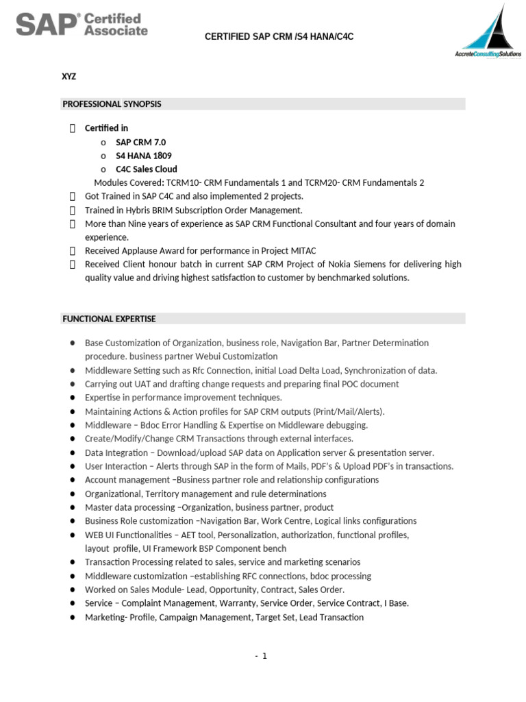 SAP CRM/S4 HANA/C4C Expert Profile | PDF | Customer Relationship ...