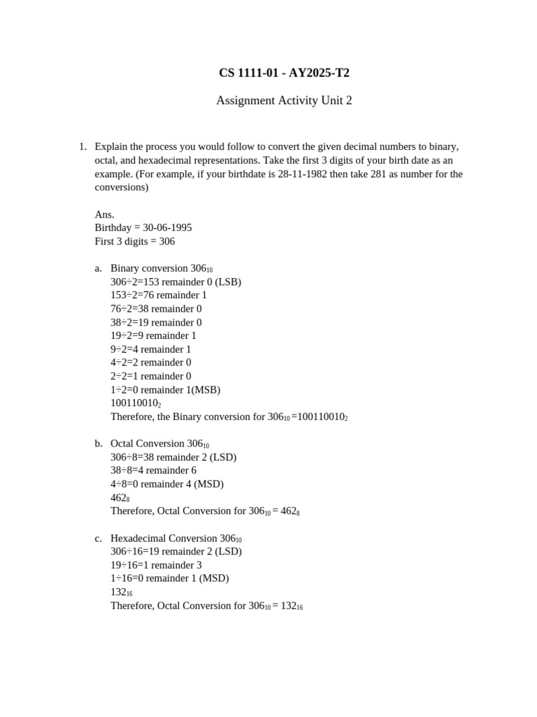 CS 1111-01 - AY2025-T2 Unit 2 | PDF | Binary Coded Decimal | Encodings