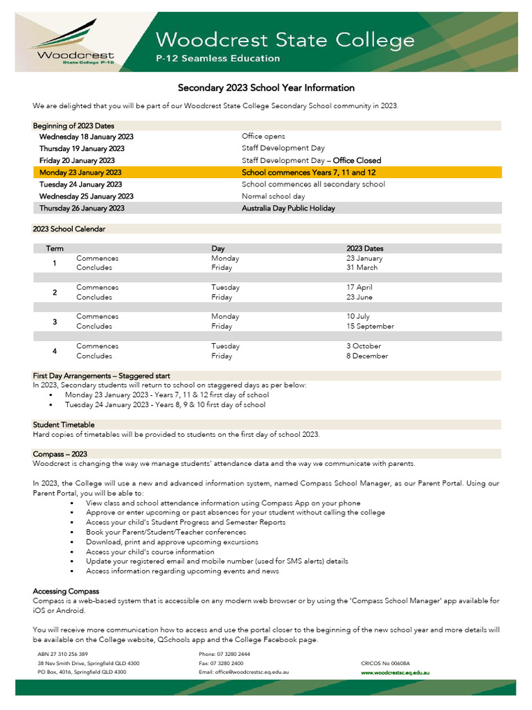 2023 Secondary Woodcrest State College Parent Information | PDF ...