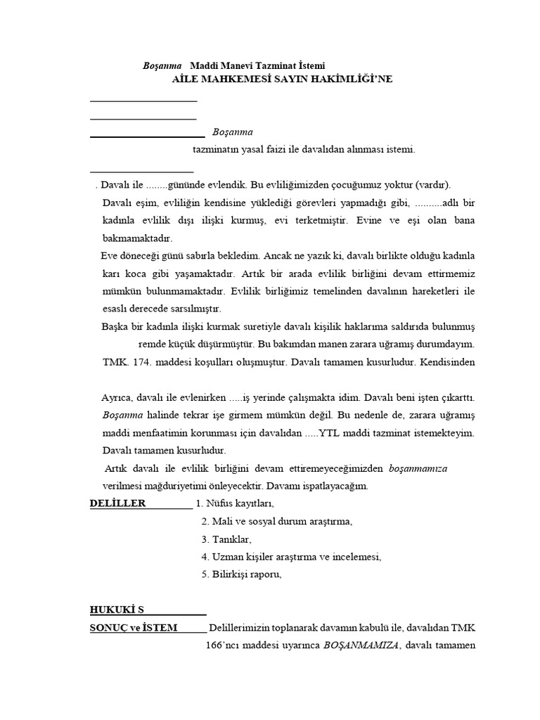 Bosanma Maddi Manevi Tazminat Istemi Dava Dilekcesi | PDF