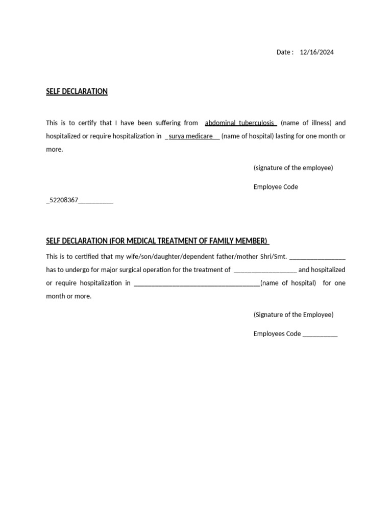 Self Declaration for Medical Treatment | PDF